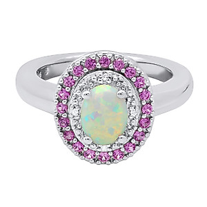 Dazzlingrock Collection 8X5.5 mm Oval Created Opal, Round Created Pink Sapphire with Natural Diamond Accent Women Engagement Ring, Sterling Silver, Size 7