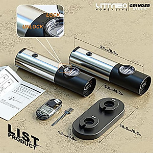 Electric Salt and Pepper Grinder Set with Rechargeable Base, Stainless Steel Salt and Pepper Grinders/Mill with Adjustable Coarseness, Refillable Salt and Pepper Shakers with LED Light, a Pair