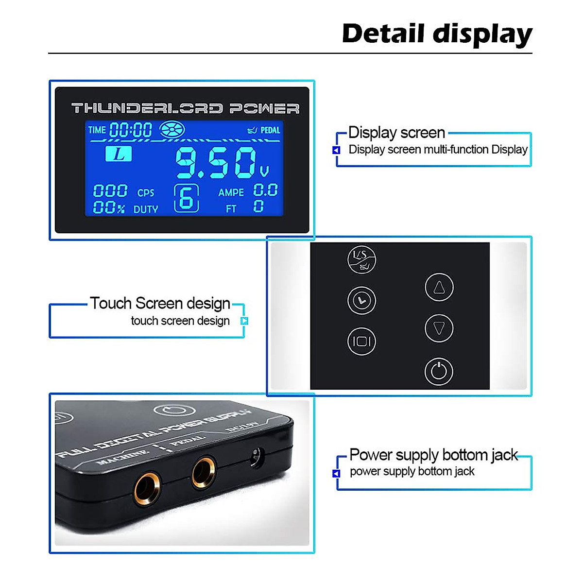 TATELF Digital Tattoo Power Supply Touch Screen LCD Power Source for Coil Rotary Tattoo Machines Gun kit Blue