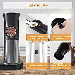 Electric Salt and Pepper Grinder Set,Gravity Automatic Salt & Pepper Grinder with Dual Charging Base，Adjustable Coarseness Mills salt grinder, White LED Light, Dust Cap, One Hand Operation，2 Pack