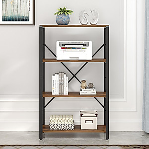 FOLUBAN Modern Bookshelf, 4 Tier Open Display Storage Book Shelf Organizer, Industrial Metal and Wood Bookshelves and Bookcases for Living Room Bedroom Office, Rustic Walnut