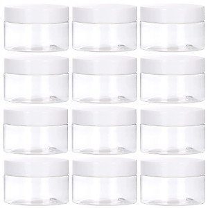 TUZAZO 1 OZ Plastic Jars Round Clear Cosmetic Container Jars with Lids and Labels, 12 Pack Small Plastic Jars for Lotion, Cream, Ointments, Makeup, Glitters, Samples, Travel Storage