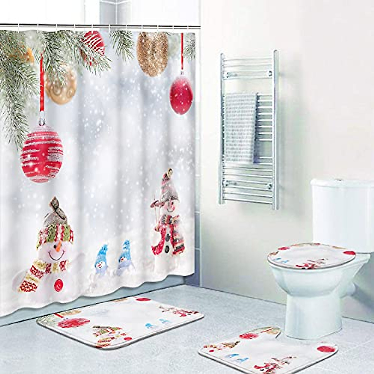 Emvency 4Pcs Christmas Snowman Shower Curtain Sets with Non-Slip Rugs Toilet Lid Cover and Bath Mat,Celebration Theme Xmas Balls Pendant Waterproof Curtain for Shower Window Decor 72" x 72"