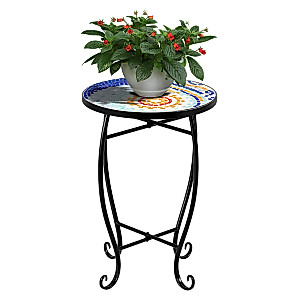RELAX4LIFE Side Table Outdoor Mosaic Round 14 Inch W/Glass Table Top and Steel Fram for Patio, Lawn, Garden, Balcony and Home, Small End Table (Navy)