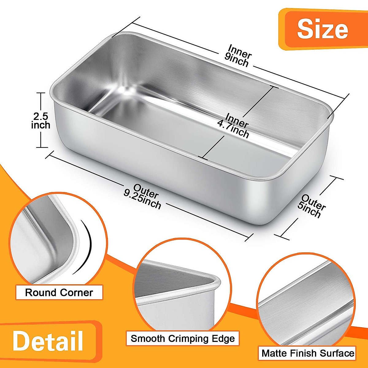 E-far Loaf Pan for Baking Bread, 9 x 5 Inch Stainless Steel Baking Loaf Pans, Metal Bakeware for Bread Meatloaf Cake Brownies, Healthy & Non Toxic, Easy Release & Dishwasher Safe - Set of 3