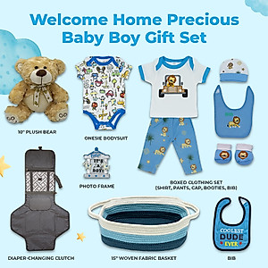 Welcome Home Precious Baby Gift Set | Newborn Baby Boy Gift Set with Baby Essentials | Baby Gift for Expecting Moms and Gender Reveals | Baby Layette Set | Blue Baby Gift Basket | Nikki's Gift Baskets
