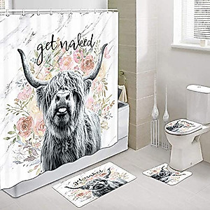 JAWO Get Naked Shower Curtain and Bath Mat Set 60x70 Inch, Farmhouse Highland Cow Bull Bathroom Mat Set with Contour Toilet Mat, Mat and Toilet Lid Cover