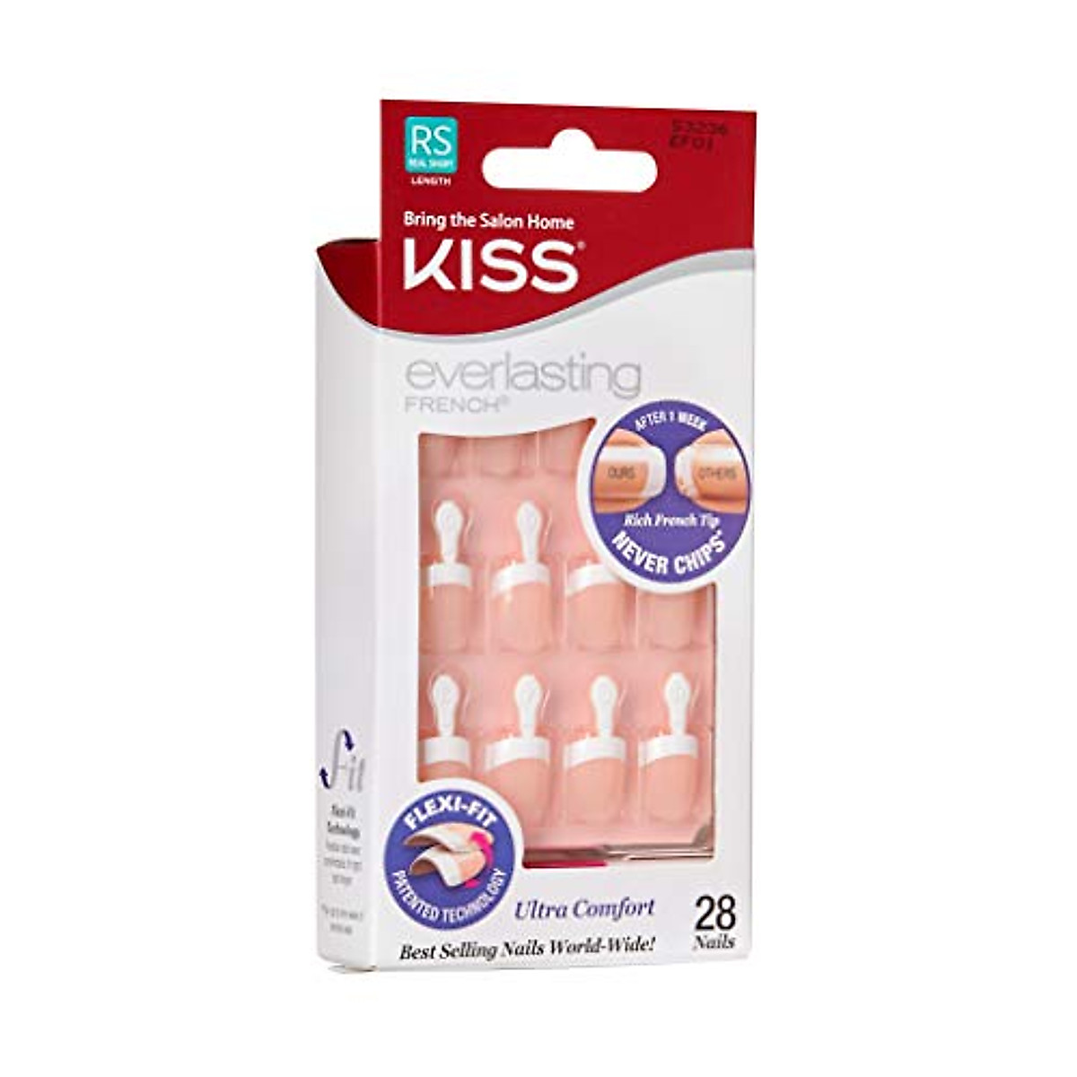 Kiss Everlasting French Nail Manicure, Chip-Free with Flexi-Fit Technology, Real Short, Endless", Nail Kit with Pink Nail Glue (Net Wt. 2 g / 0.07oz.), Mini File, Manicure Stick, and 28 Fake Nails