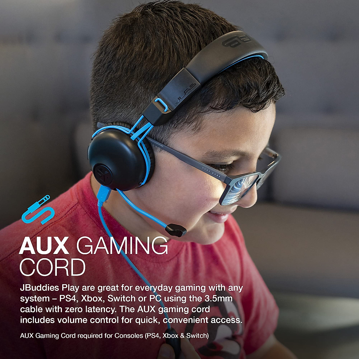 JLab JBuddies Play Gaming Wireless Kids Headset, Black, 22+ Hour Bluetooth 5 Playtime 60ms Super-Low Latency for Mobile Gameplay, Retractable Boom Mic, AUX Cord Compatible w/Gaming Consoles