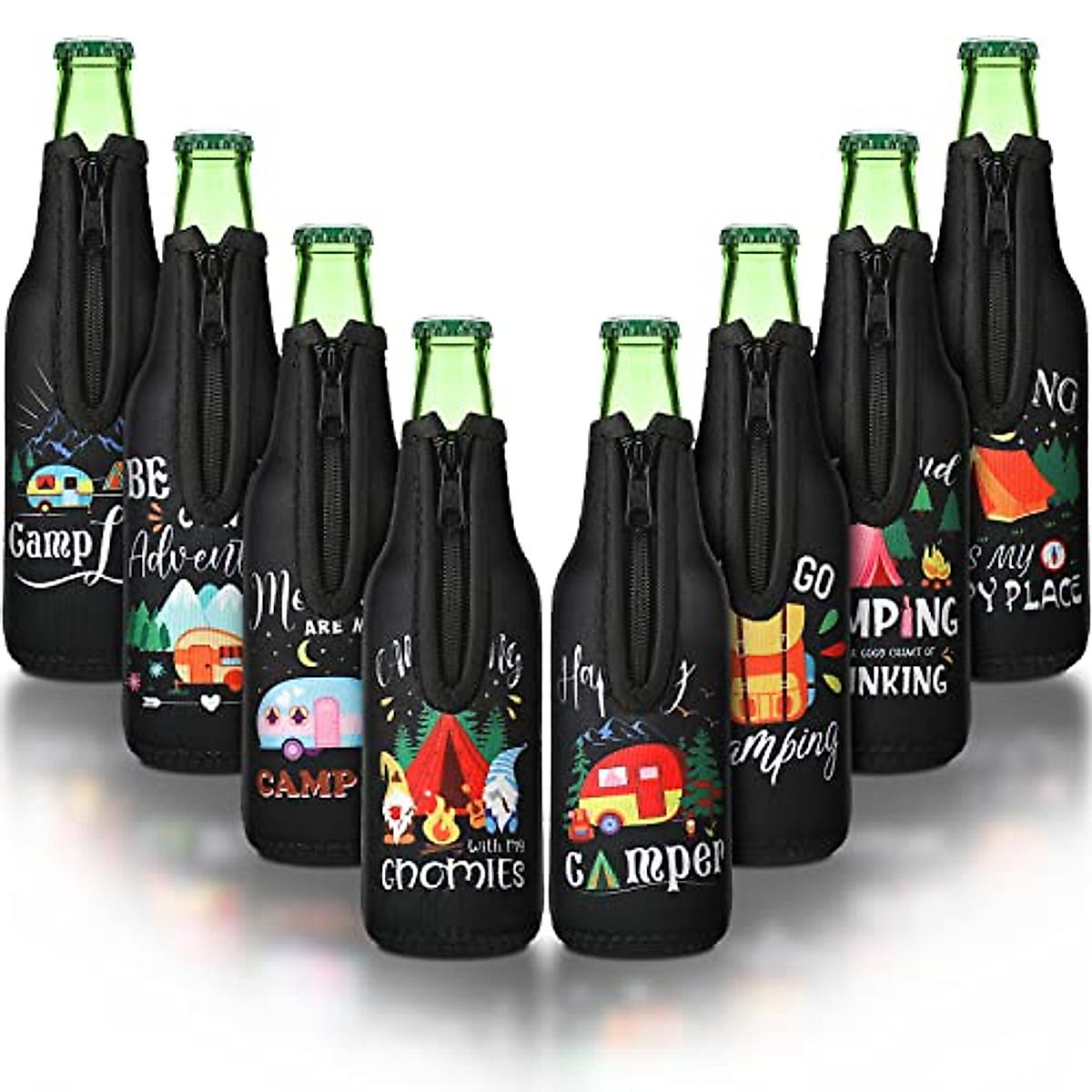 Summer Beer Bottle Insulator Sleeve with Zipper Neoprene Insulated Bottle Jackets Keep Warm and Cold Beer Bottle Sleeves with Stitched Fabric Edges for Party (8 Piece, Vivid Style)