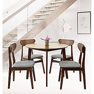 SK New Interiors Dining Room Set of 4 Yumiko Chairs and Round Dining Table Kitchen Modern Solid Wood w/Padded Seat, White Color with Light Gray Cushion