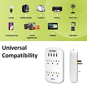 GoGreen Power (GG-16000USB4) 6 Outlet 2.4 AMP USB Wall Tap Adapter with USB Ports and Surge Protection, 735 Joules Surge Rating, White