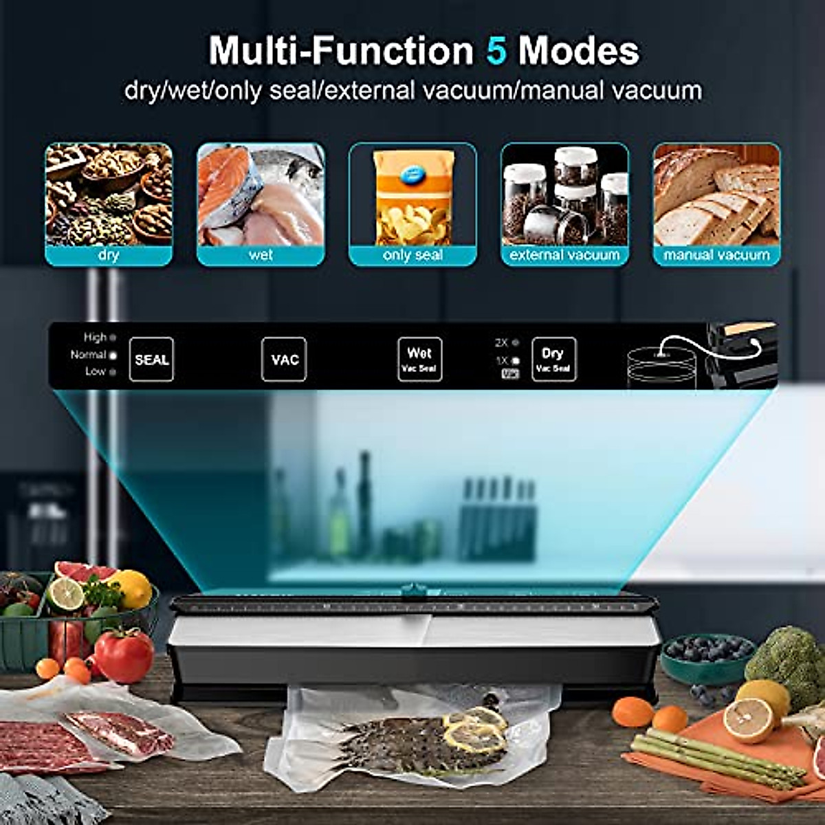 ALACRIS Vacuum Sealer Machine, 5 in 1 Automatic Food Saver with Detachable Cutter, 7mm Sealing Strip & Dual Pumps, Compact and Easy to Clean for Food Preservation (with 15 sealer bags)