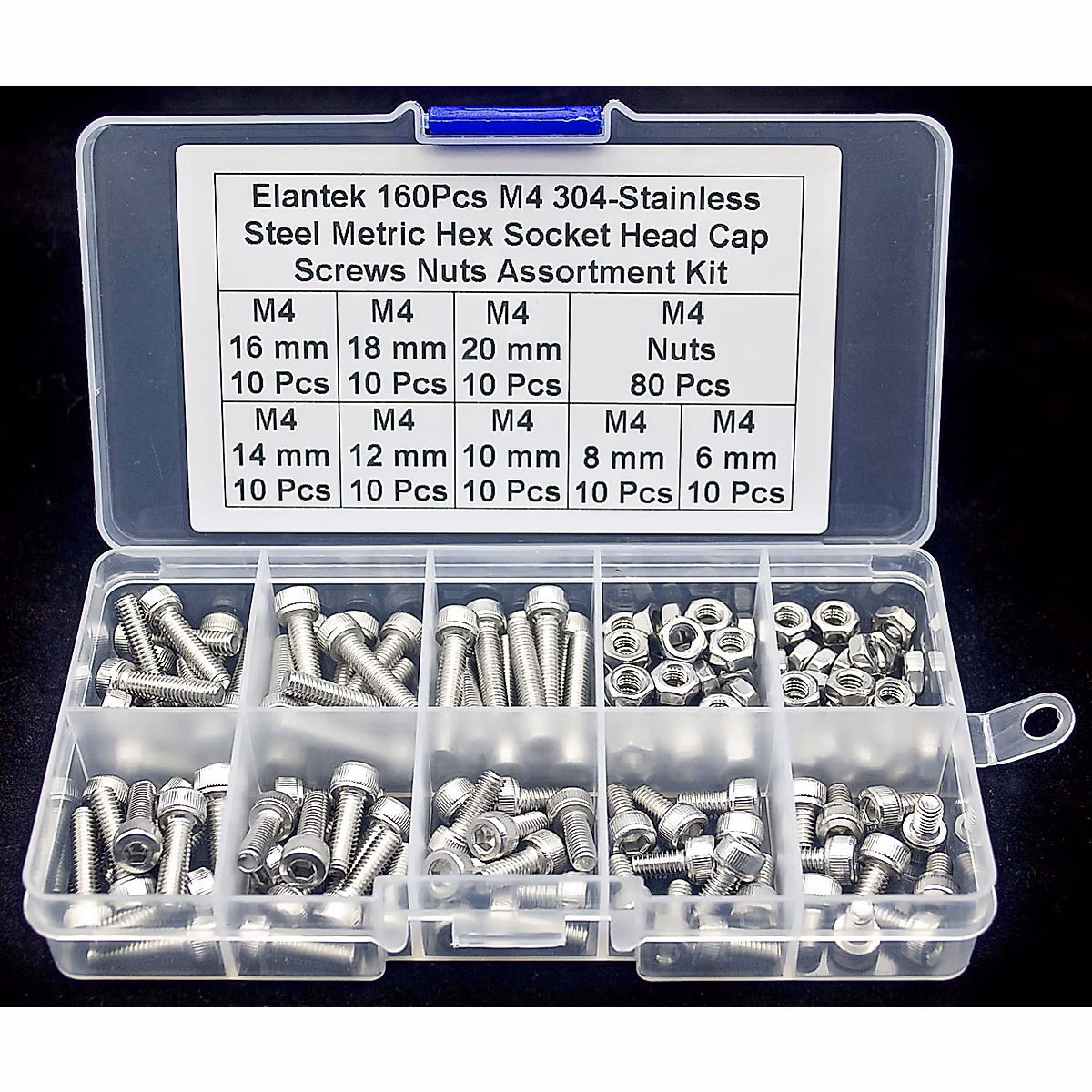 Elantek 160Pcs Metric M4 304-Stainless Steel Hex Socket Head Cap Screws Nuts Assortment Kit- M4 x 6mm/ 8mm/ 10mm/ 12mm/ 14mm/ 16mm/ 18mm/ 20mm