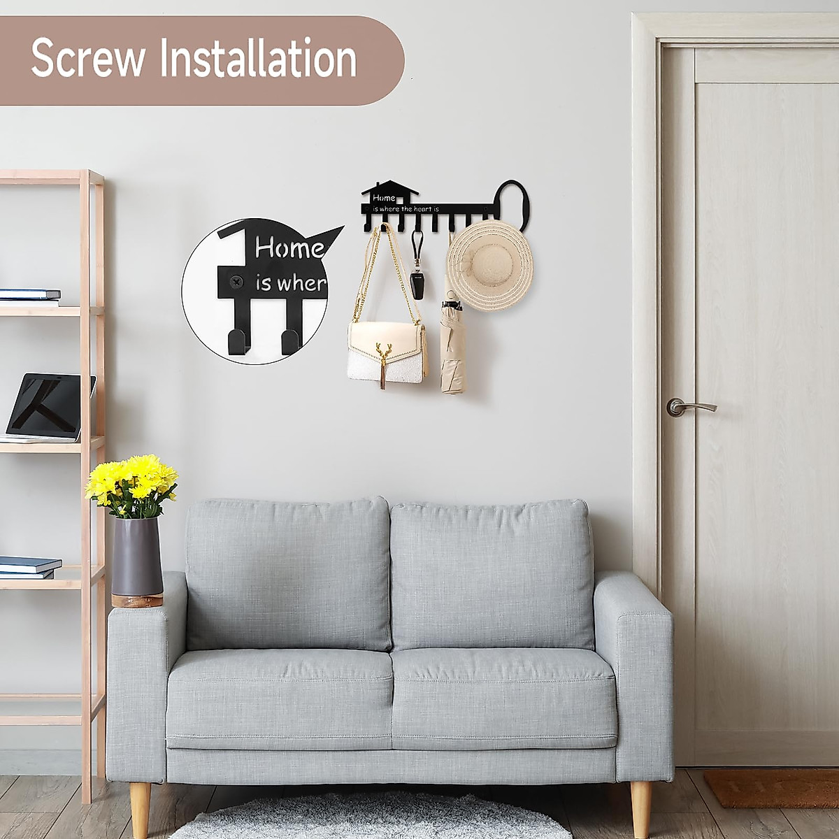 RELBRO Key Holder Wall Mount, Black Metal Key Shape Key Hanger Wall Decorative Self Adhesive Key Rack Organizer with 8 Key Hooks for Entryway Hallway Doorway Garage 2 Installation Ways