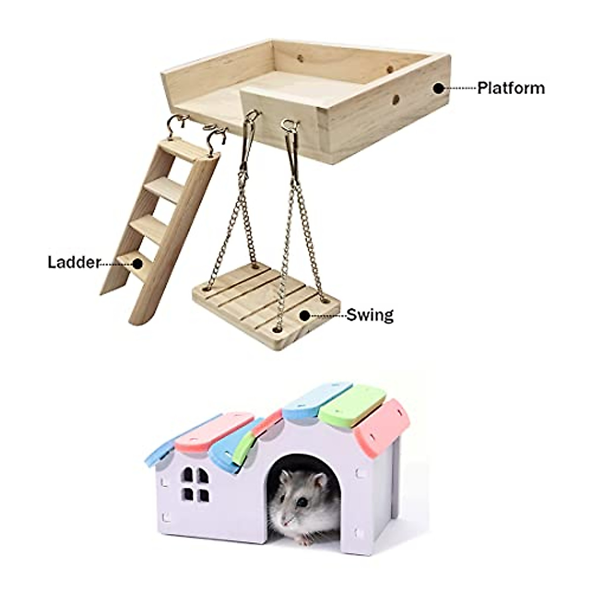 Hamster Platform with Ladder,Wooden House Hut Hideout Swing Rat Playground Activity Set with Climbing Ladders Play Toys for Mouse,Gerbil, Small Animals