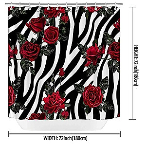 Dia Magico 4PCS Zebra Print Shower Curtain Set, Romantic Red Rose Floral Botanical Black and White Stripes Wildlife Safari Animal Skin Modern Bathroom Decor Fabric Shower Curtain, Non-Slip Bath Mat