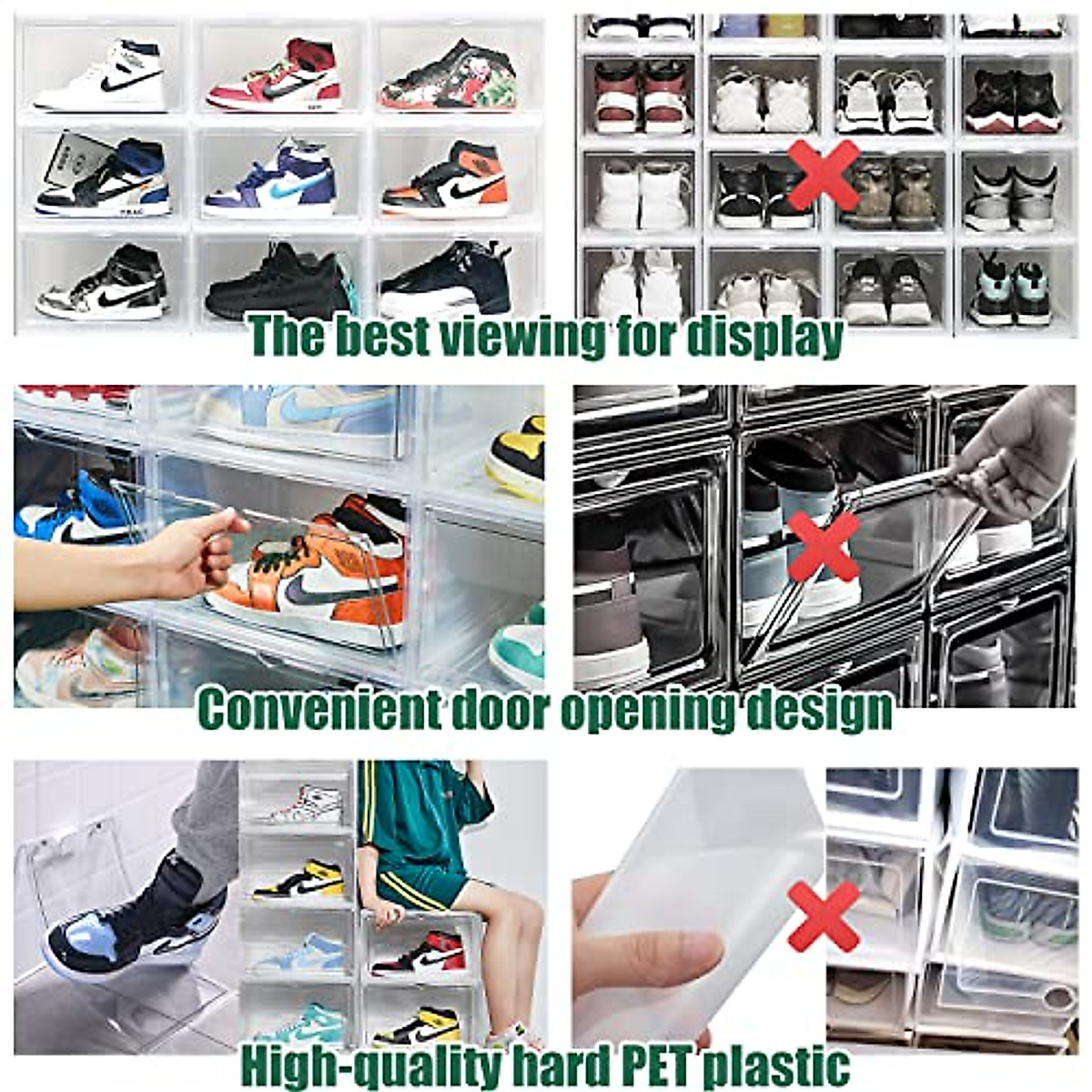 EZLucky 3 Pack Large Shoe Boxes Clear Plastic Stackable, Side Open Shoes Organizer with Magnetic Door, Clear Shoe Boxes Stackable for Display Sneakers, Fit Shoe Size Up to US 15 (14.2x11x8.7in)