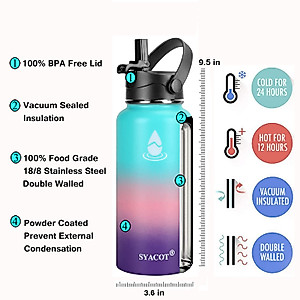 SYACOT 32 oz 40 oz 64 oz Stainless Steel Water Bottle, Insulated Double Wall Vacuum Leak Proof Water Flask, Metal Thermo Canteen Mug —Wide Mouth with 2 Straw Lids (32 oz, Mint/Pink/Purple)