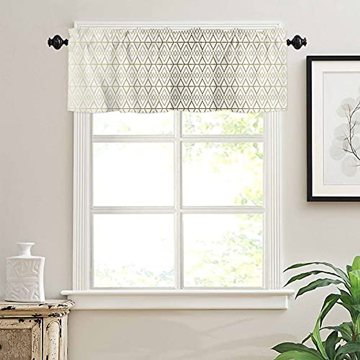 Amaze-Home Curtain Valances for Windows, White Gold Line Window Valances, Geometric Window Treatment Rod Pocket Valance Curtains for Kitchen/Bedroom/Bathroom 42x12 inch, 1 Panel