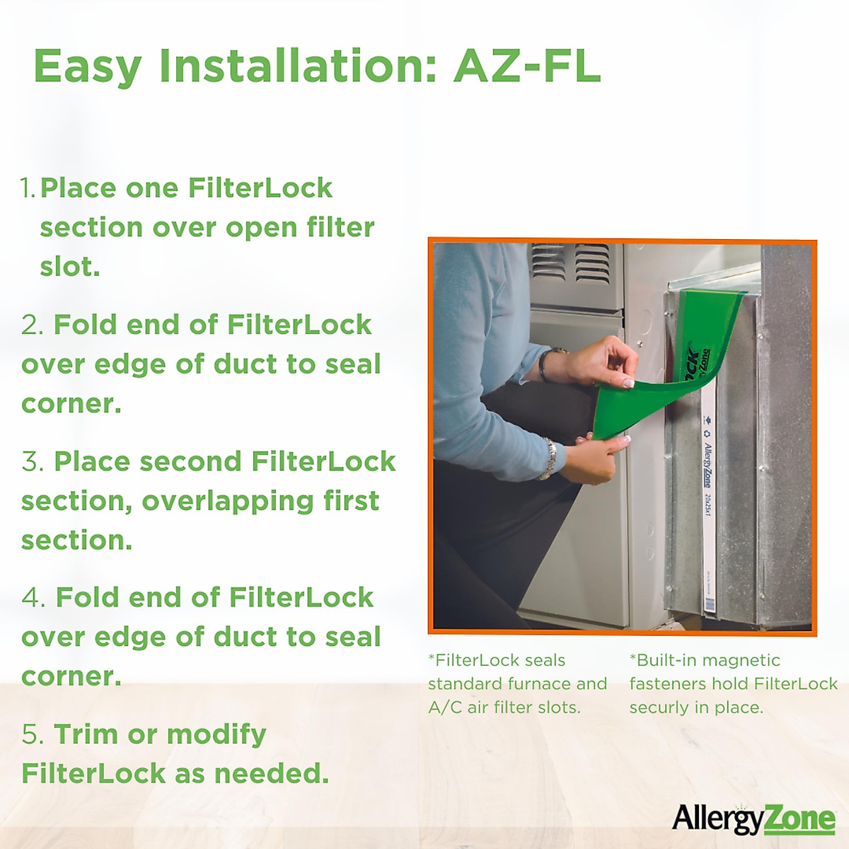 AllergyZone FilterLock Furnace Filter Slot Seal – Magnetic Seal Cover for Any 1” Furnace Filter, Up To 25” Long, Reduce HVAC Air Leaks, Green