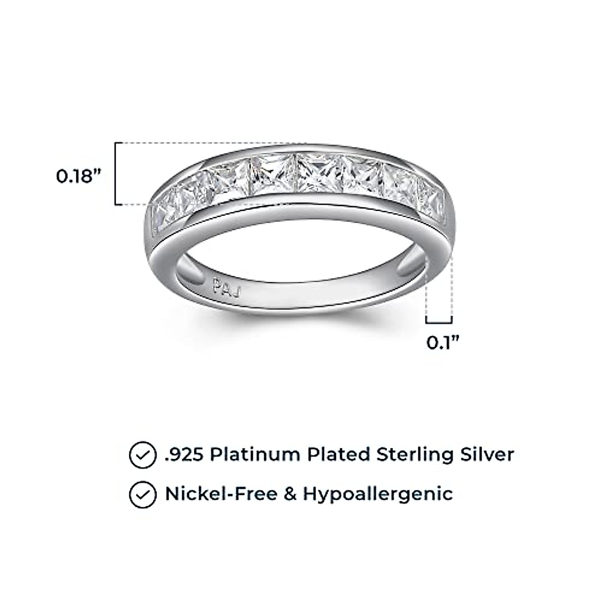 MORGAN & PAIGE Wedding Anniversary Ring - Classic Channel-Set Princess Cut Cubic Zirconia - Size 6-925 Platinum Plated Sterling Silver Anniversary Bands For Women