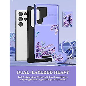 Goocrux (2in1 for Samsung Galaxy S23 Ultra Case Floral Flowers for Women Girls Girly Phone Cover Cute Lavender Flower Design with Slide Camera Cover+Ring Holder Purple Cases for S23 Ultra 5G 6.8''