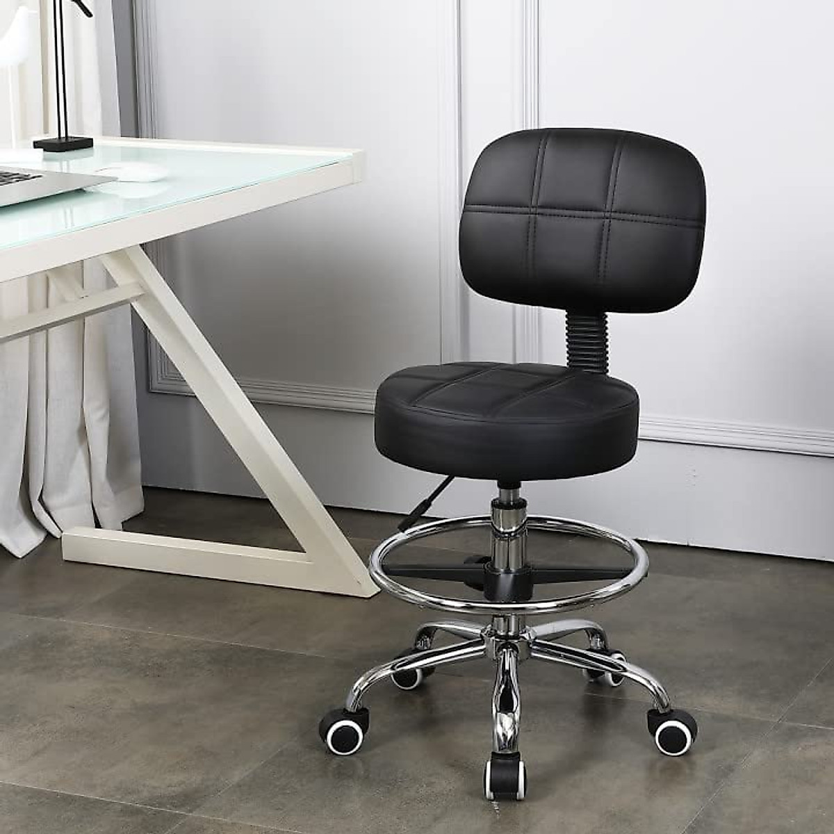 KKTONER Swivel Round Rolling Stool PU Leather with Adjustable Foot Rest Height Adjustable Task Work Drafting Chair with Back(Black)