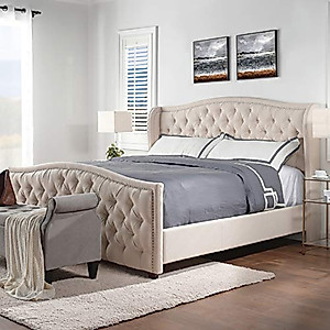 Jennifer Taylor Home Anastasia Upholstered Shelter Headboard Bed Set, King, Sky Neutral Beige Polyester