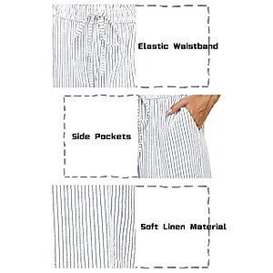LNX Womens Linen Pants High Waisted Wide Leg Drawstring Casual Loose Trousers with Pockets (X-Large, Striped-Navy)