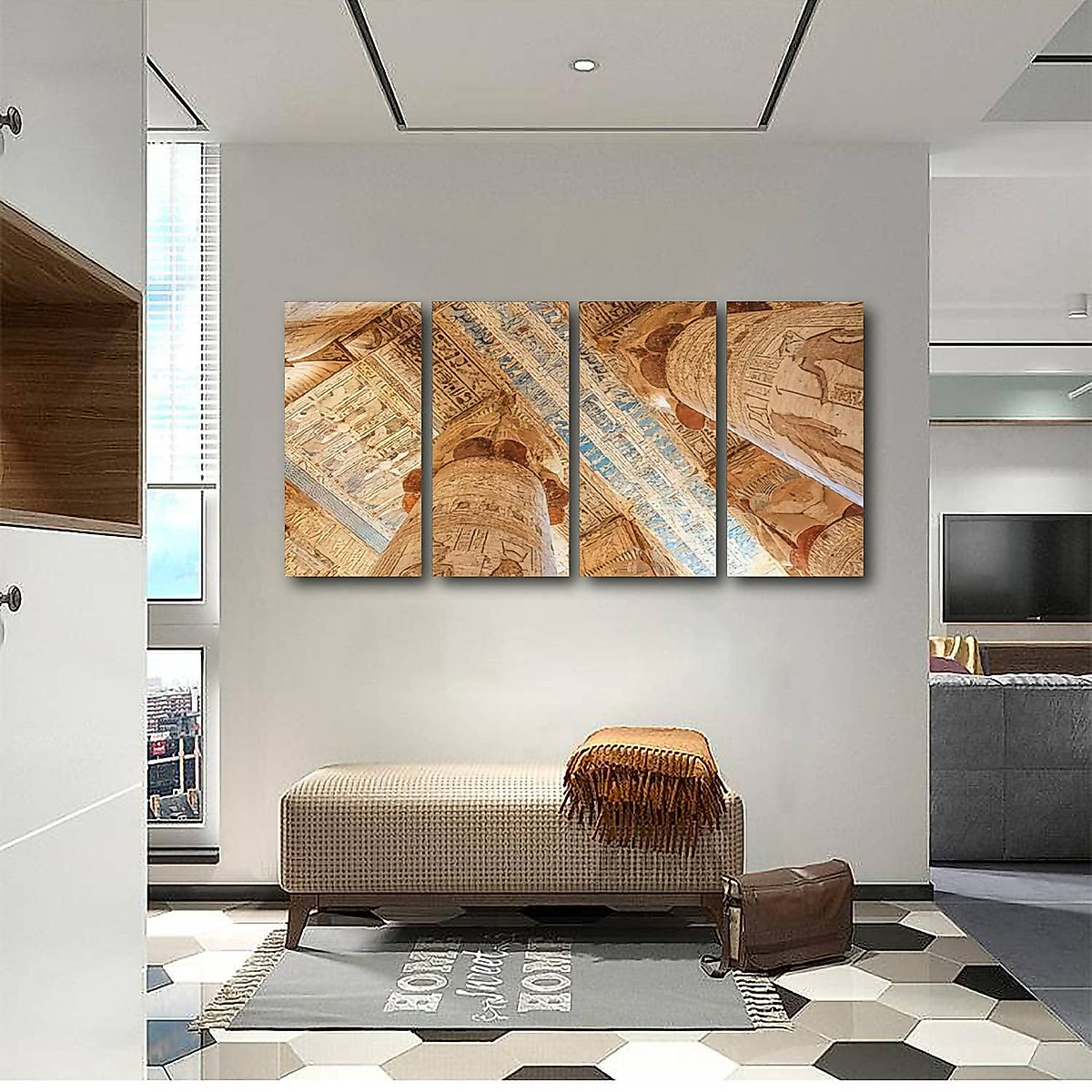 Wall Art Prints Paintings Stretched & Framed Beautiful interior of the Temple of Dendera or the Temple of Hathor Poster Home Living Room Decoration Ready to Hang 4 Panel Canvas Pictures