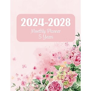 2024-2028 Monthly Planner 5 Years: 60 Months (Jan 24- Dec 28) with Two Pages per Month Monthly Calendar and Agenda Organizer, With Goals, Contacts & More | Pink Floral Watercolor Cover