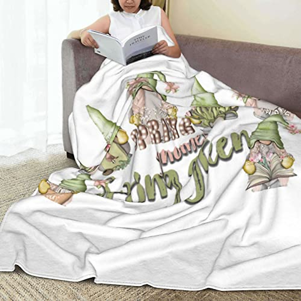 Easter Spring Throw Blanket 60x50inch, Green Gnomes Flannel Fleece Blanket for Sofa Couch, Decorative Warm Blankets for Living Room/Bedroom