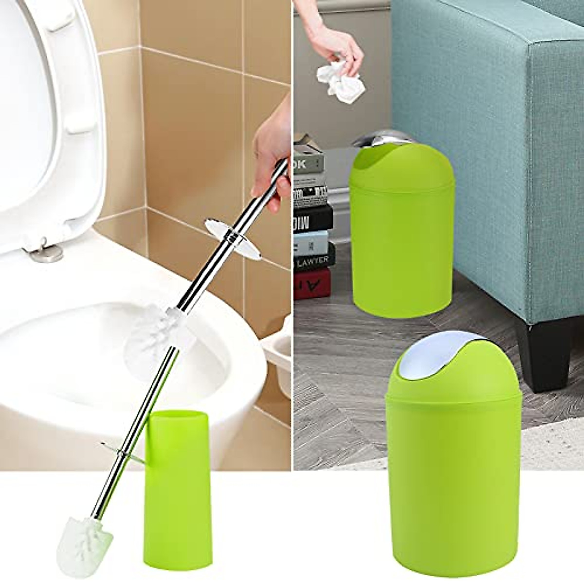 6 Piece Bathroom Accessories Set, Plastic Bath Ensemble Bath Set Lotion Bottles Toothbrush Holder Tooth Mug Soap Dish Toilet Brush Trash Can Decorative Bath Accessory Kit, Green