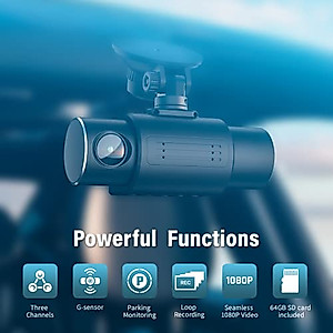 iiwey Dash Cam Front Rear and Inside 1080P Three Channels with IR Night Vision Car Camera SD Card Included Dashboard Camera Dashcam for Cars HDR Motion Detection and G-Sensor for Car, Taxi, Uber