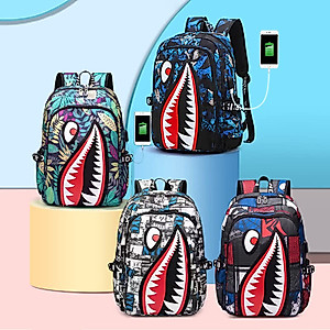 nrseag Travel shark Backpack Laptop Backpack with USB Charging Port, Durable Anti Theft School Computer shark Bag Bookbag for Boys Girls, Black5, 17 IN