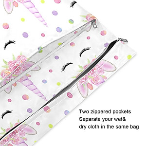 xigua Pink Unicorn Waterproof Wet Bag for Cloth Diaper Washable Reusable Wet Dry Bags with 2 Zippered Pockets for Travel, Beach, Pool, Stroller, Dirty Clothes, Wet Swimsuits (2PACK)