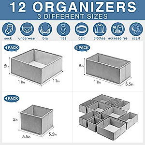Drawer Organizer for Clothing, 12 Pack Sock Underwear Drawer Organizer Bins, Foldable Fabric Closet Organizers and Storage Dresser Drawer Dividers for Baby Clothes, Bra, Scarves, Belt, Tie (Grey)