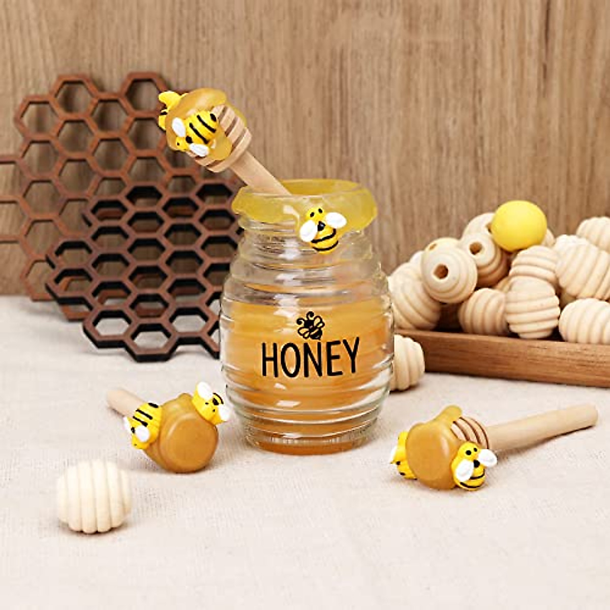 Nefelibata Faux Honey Pot with Bees and Dippers, Bumble Bee Tiered Tray Decor, Drippy Honey Pot, Fake Honey Jar Table Centerpieces, Spring Summer Decor