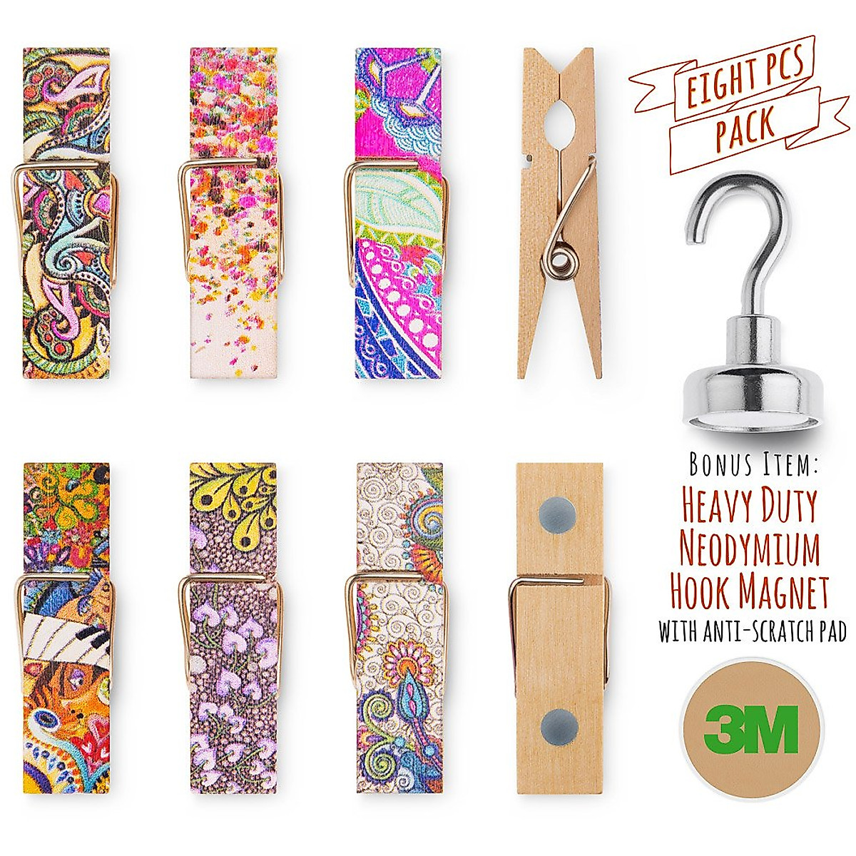 8 Colorful Fridge Magnets Clips + Strong Magnetic Hook - Display Photos & Memos On a Refrigerator, Locker, Whiteboard in a Cute & Fun Way. Perfect to use in Any Kitchen, Office, Classroom or Cubicle.