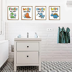 Dinosaur Bathroom Decor, Funny Dinosaur Themed Bathroom Inspirational Quotes Art Print Humorous Quotes Painting, Toilet Rules Art Picture for Kids Nursery Washroom Bathroom Decor, Set of 4 (8”X10”), Unframed