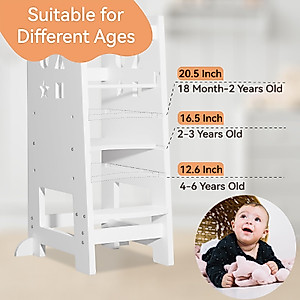 Toddler Kitchen Stool Helper, Kitchen Step Stool for Kids with Safe Rail, Baby Adjustable Learning Standing Tower for Kitchen Counter & Bathroom Sink(White)