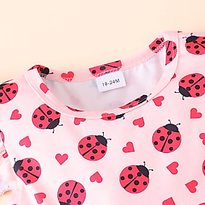 Girls Ladybug Dress Short Sleeve Ruffle Sundresses Kids Summer Outfits Animal Print Clothes Toddler Pink Swing Dresses 2-3 Years Old