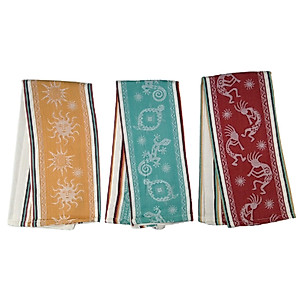 Simply Southwest Decor, Petroglyph Designed Kitchen Towel Set, Yellow Hopi Sun, Teal Geckos & Turtles & Red Kokopelli Towel