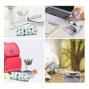 MAMUNU Big Capacity Pencil Pen Case, 3 Compartments Large Storage Canvas Pencil Pouch with Zipper, Green Cactus Design Aesthetic Pencil Pouch For Office School