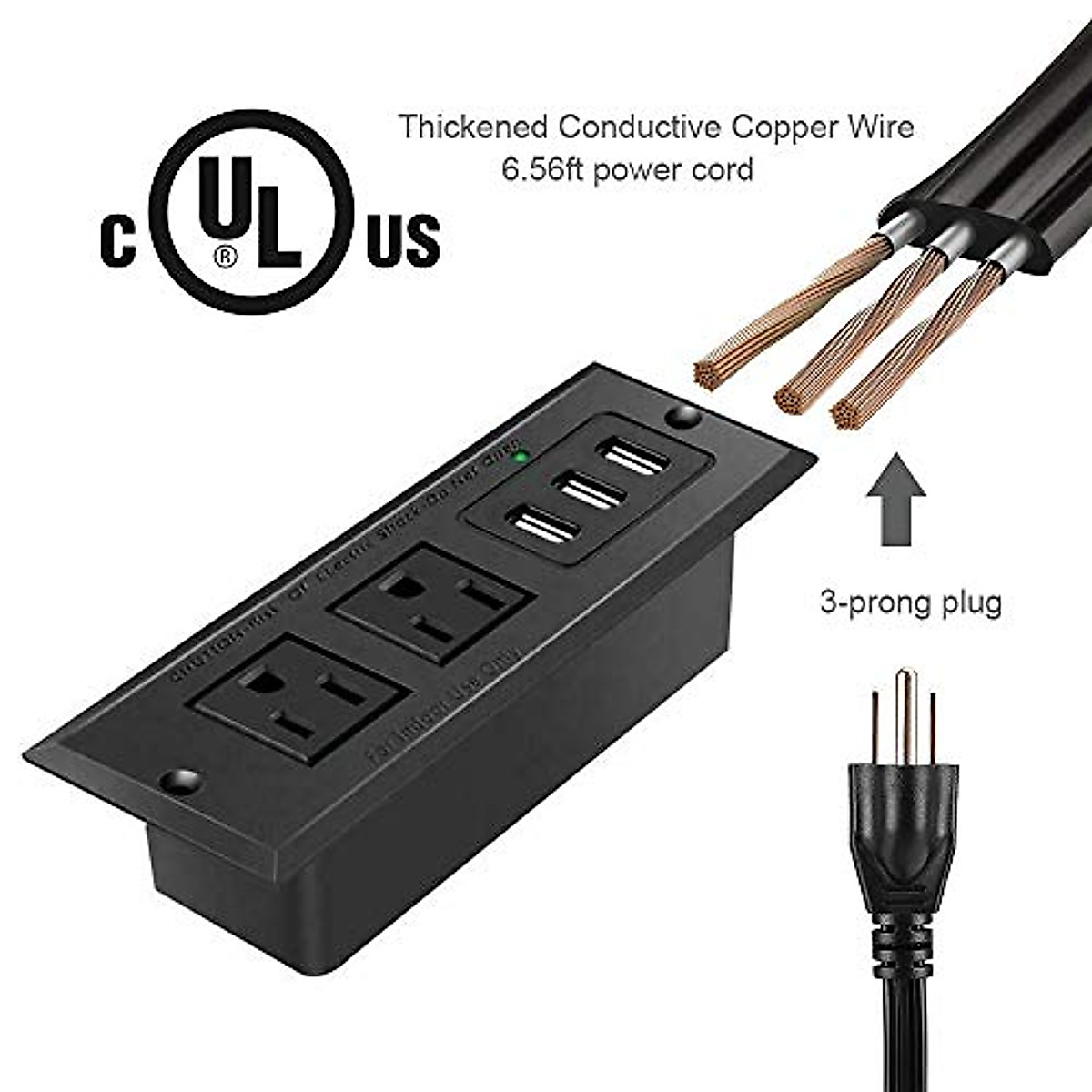 Conference Recessed Power Strip Socket with USB Ports,Table Power Strip,Desktop Charging Station with 2-Outlets and 3 USB Ports(Max 3.5A)