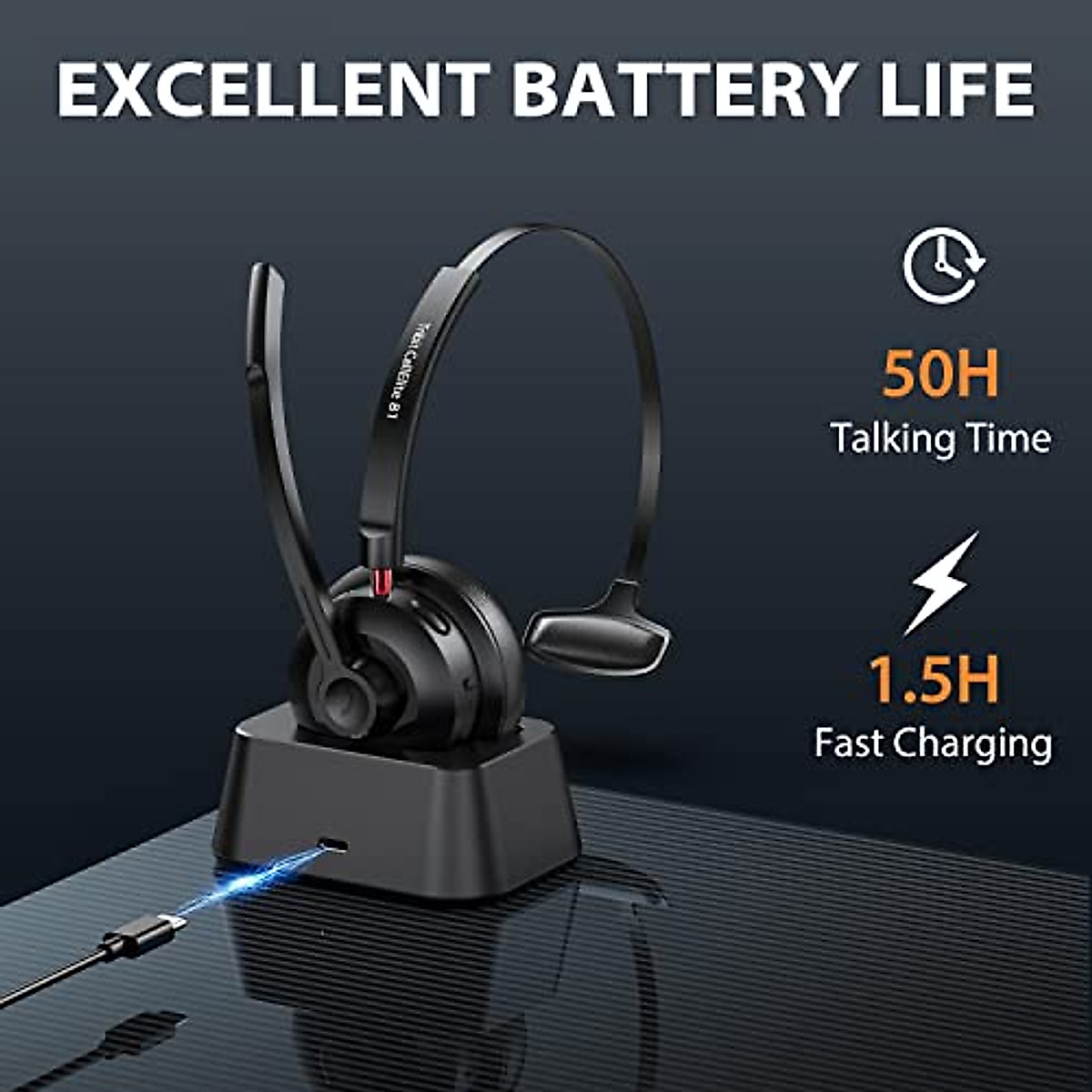 Tribit Bluetooth Headset, Wireless Headset with Microphone Qualcomm CVC 8.0 AI Noise Canceling for Trucker Office, 50H Talk Time Mute Button Headset with Adapter for Computer Cell Phones, CallElite81