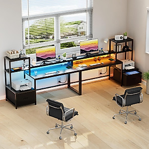 GreenForest Office Desk with Power Outlets and Printer Shelf, 59 inch Computer Desk with LED and Drawer, Reversible Gaming Desk with Storage for Home Study Working,Black
