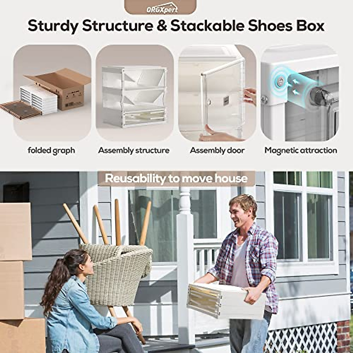 ORGXpert Stackable Drop Front Shoe Storage Organizer, Reusability Stylish Clear Plastic Shoe Box, Sturdy XLarge Shoe Display Container with Lids, Fits up to Size 12 Sneakers High Tops, 2 Layer