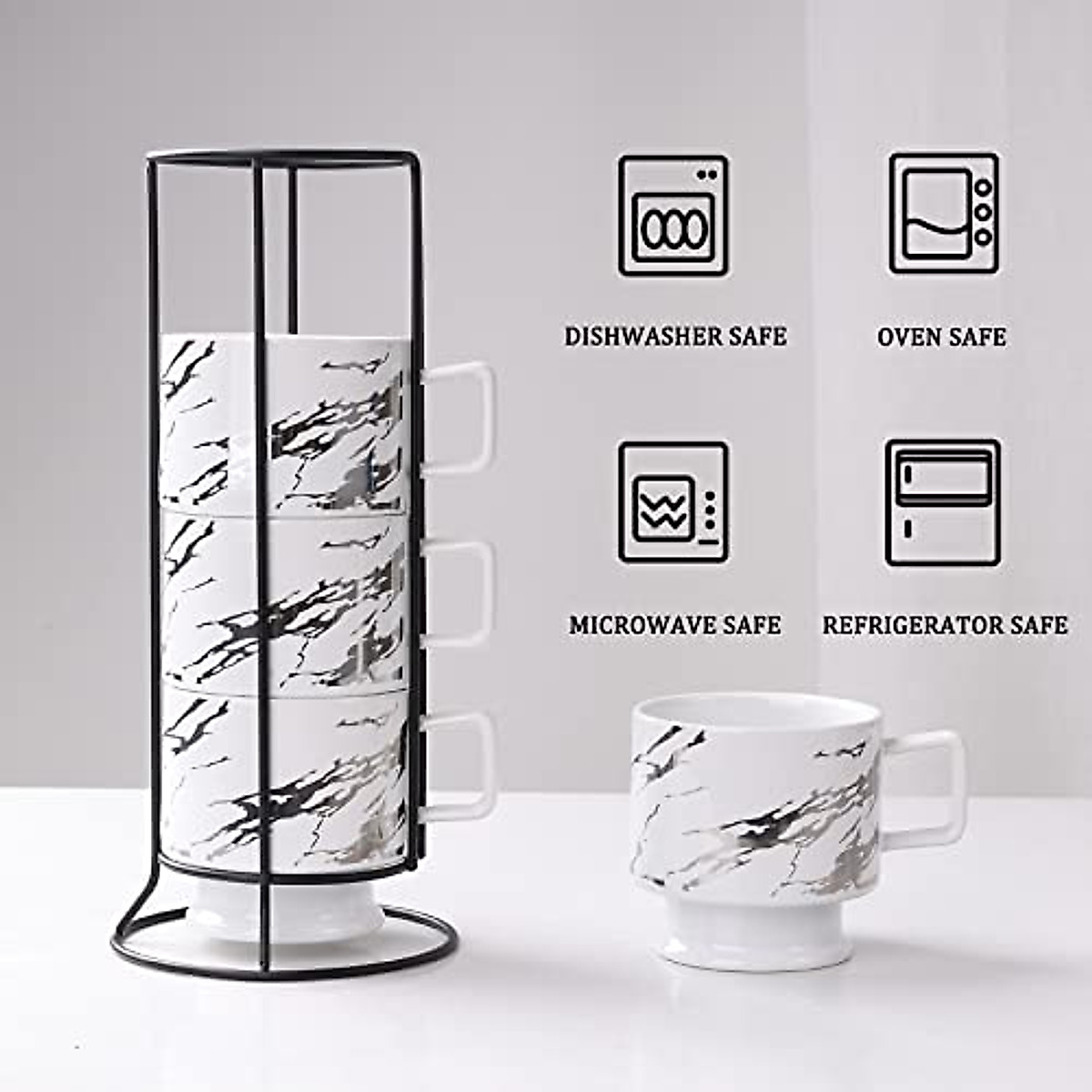 ANTIS'S HOME Stackable Coffee Mugs Set of 4 with Stand, Marble Silver Pattern 10 OZ Ceramic Coffee Mug Set with Rack, Espresso Cups Set Coffee Cup Set for Coffee, Tea, Cocoa, Milk